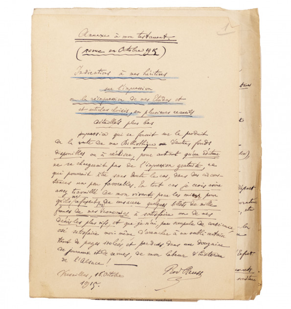 Annexe à mon testament - Manuscrit original de Rodolphe Reuss.