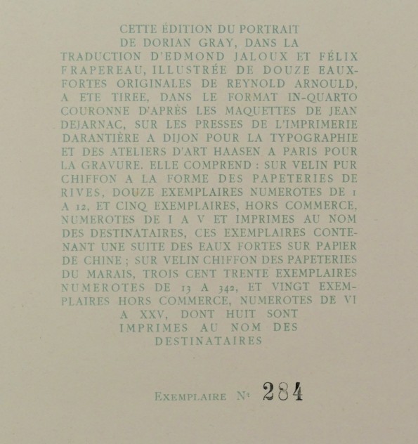 Le portrait de Dorian Gray. Edition ornée de douze eaux-fortes de ...